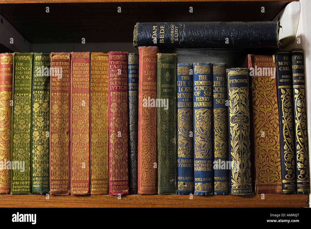 Row of gilt edged book spines on a bookshelf Stock Photo - Alamy