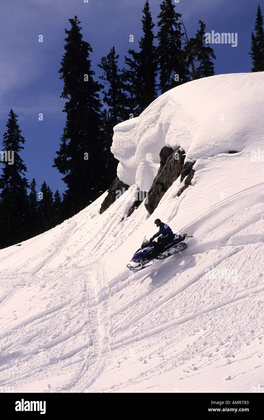 Man on snowmobile riding down deep snow covered ridge Wyoming Stock ...