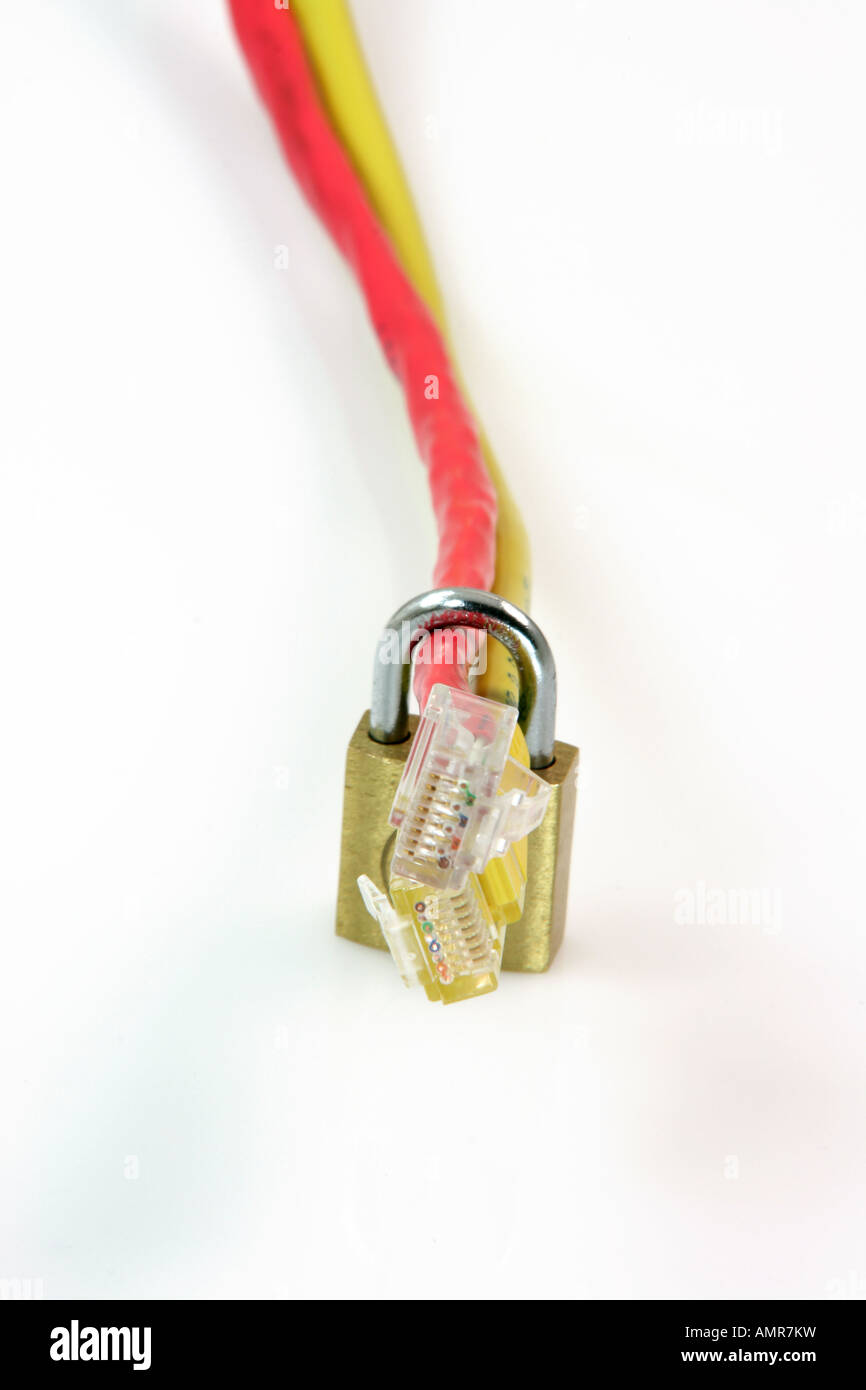 computer and connections safe data transfer concept with two ethenet ...