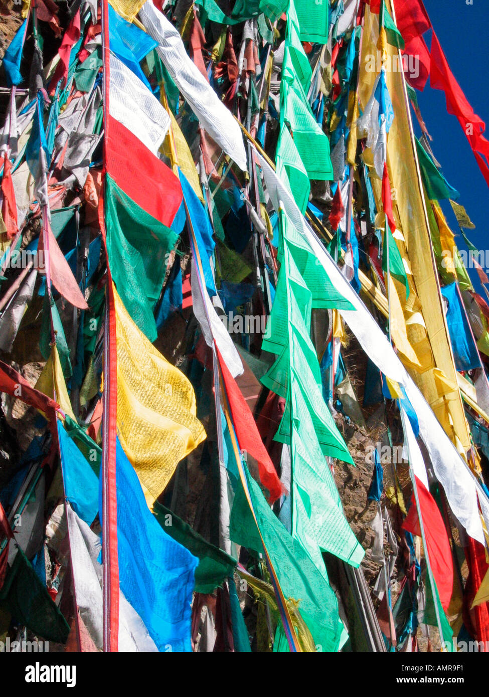 Coloured Tibetan prayer flags near 1000 Buddhas shrine on Lingkor ...