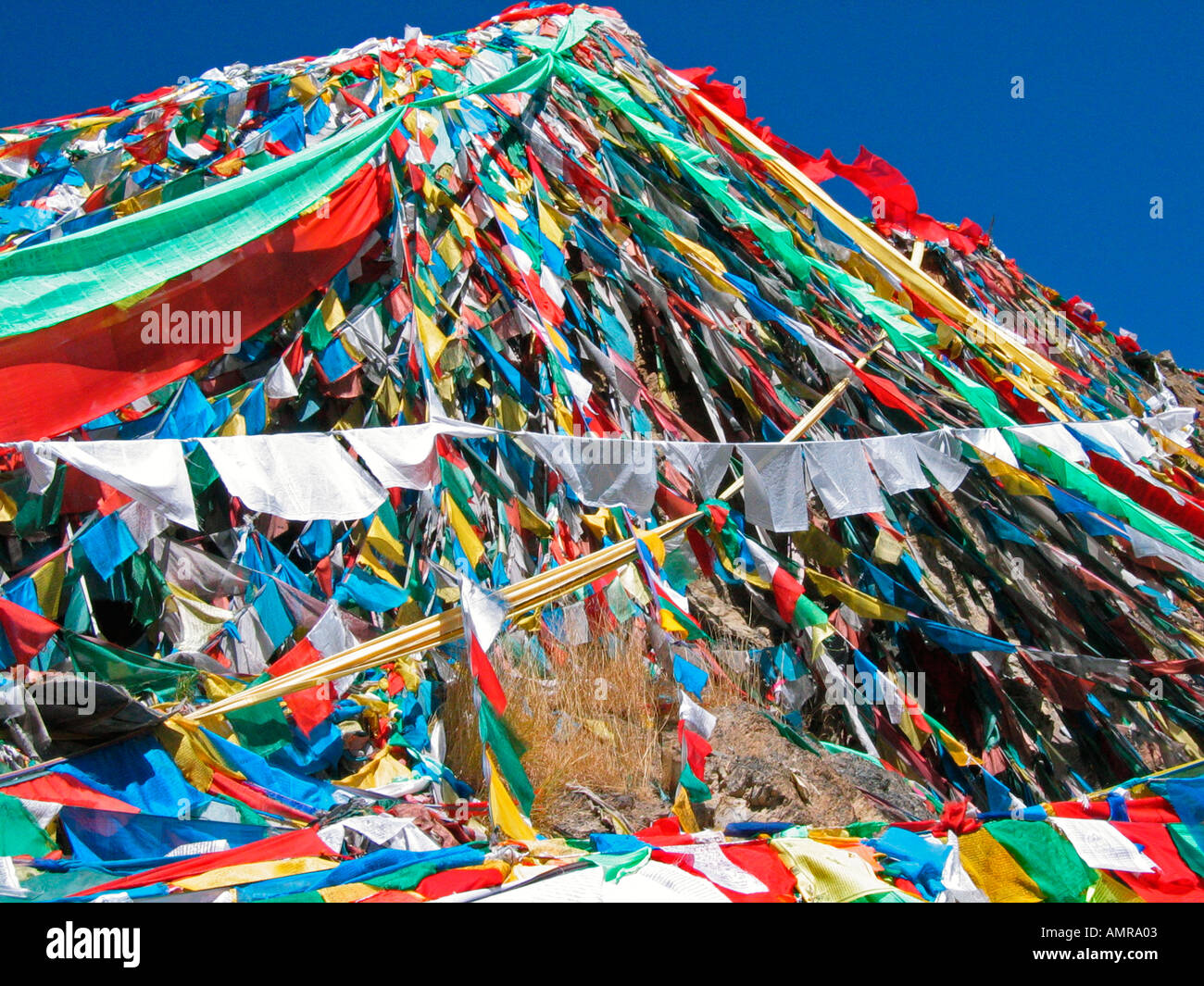 Coloured Tibetan prayer flags near 1000 Buddhas shrine on Lingkor ...