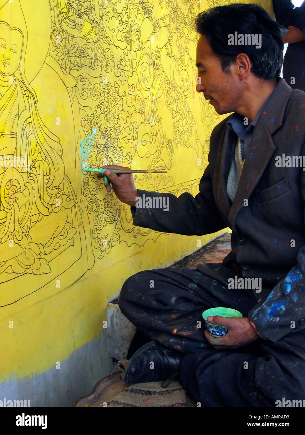 Artist paints religious mural at Sera Monastery Lhasa Tibet Stock Photo ...