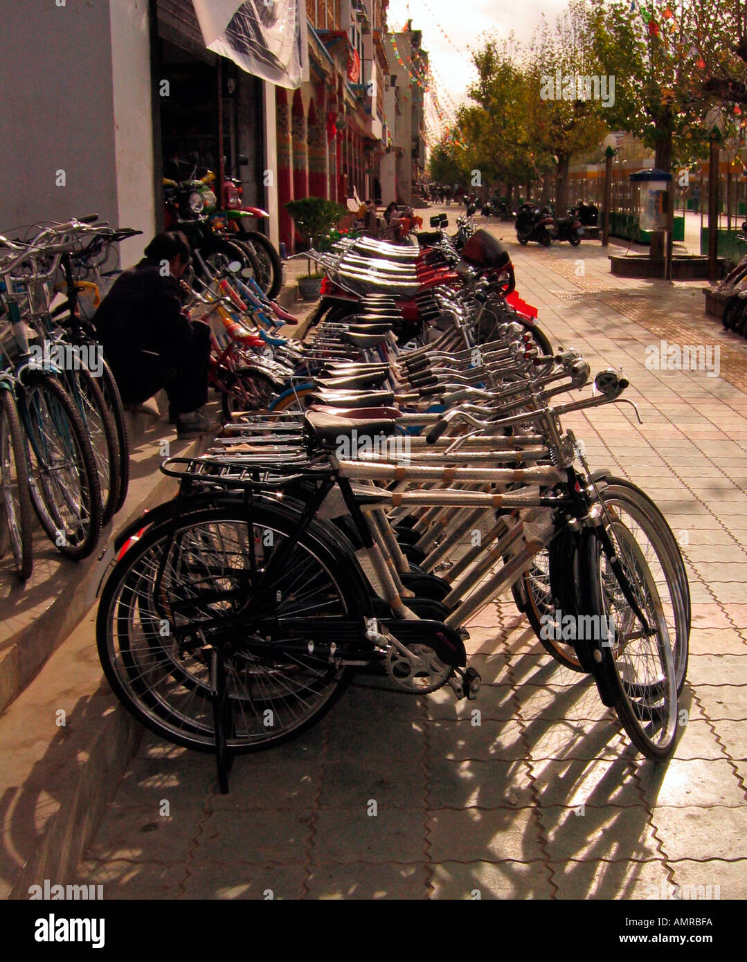 Line of bicycles pavement display outside shop Shigatse Tibet Stock ...