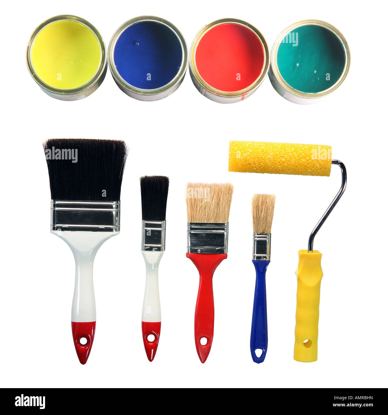 four color cans and four paint brushes and paint roll totaly isolated ...