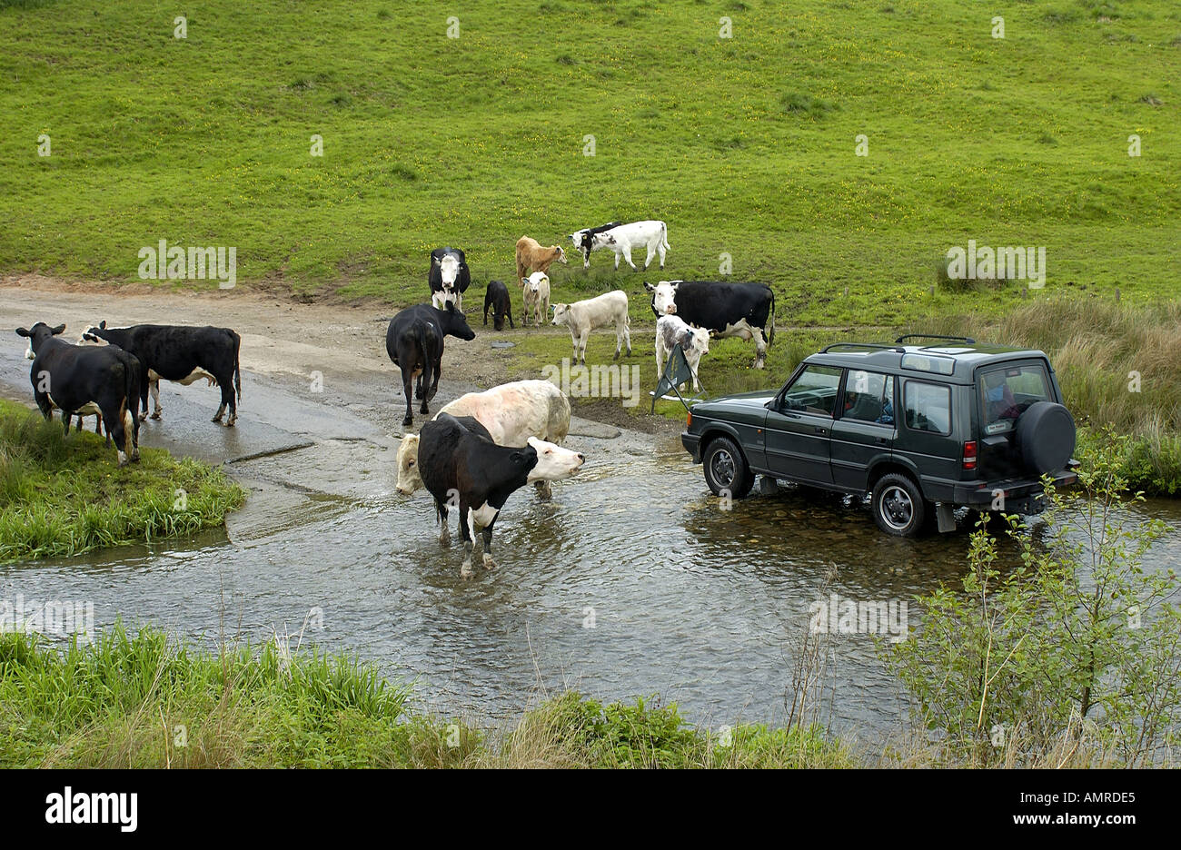 Discovery driving through a ford in Derbyshire England UK Stock Photo ...