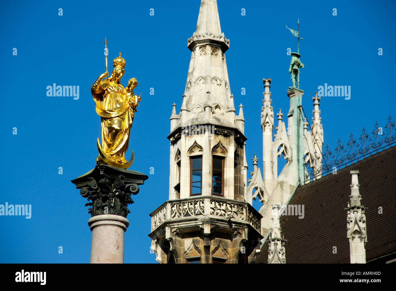 Column of Maria with the tower of cityhall Marienplatz Munich Bavaria ...