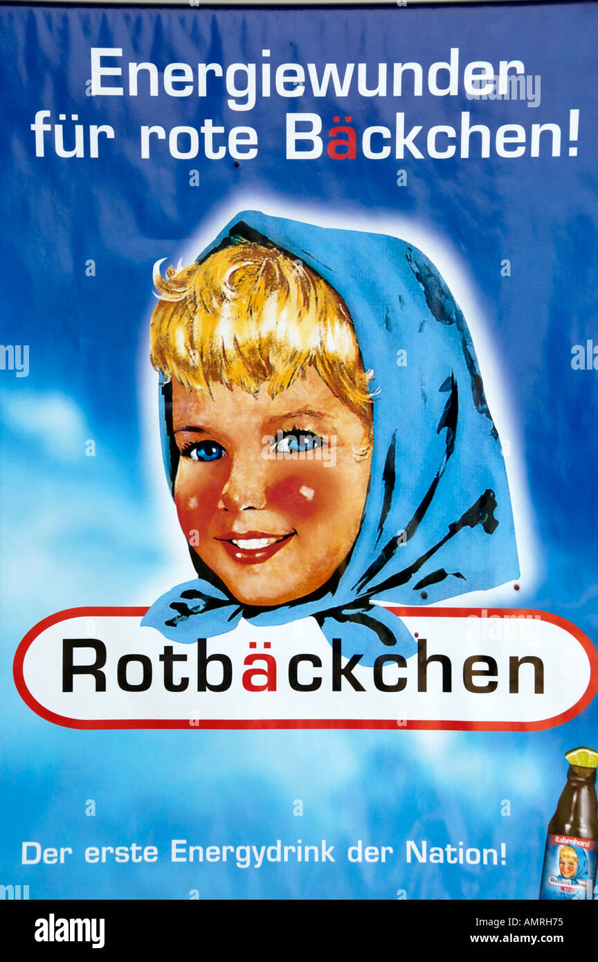 Advertisement for Rotbächchen Rotbaeckchen energy drink Germany Stock ...