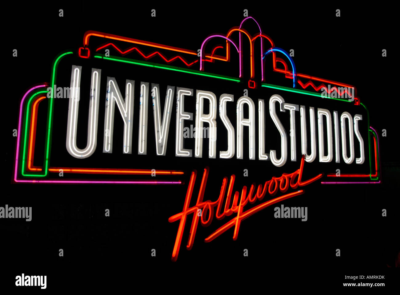 The famous neon lit Universal Studios sign, Hollywood, California Stock ...