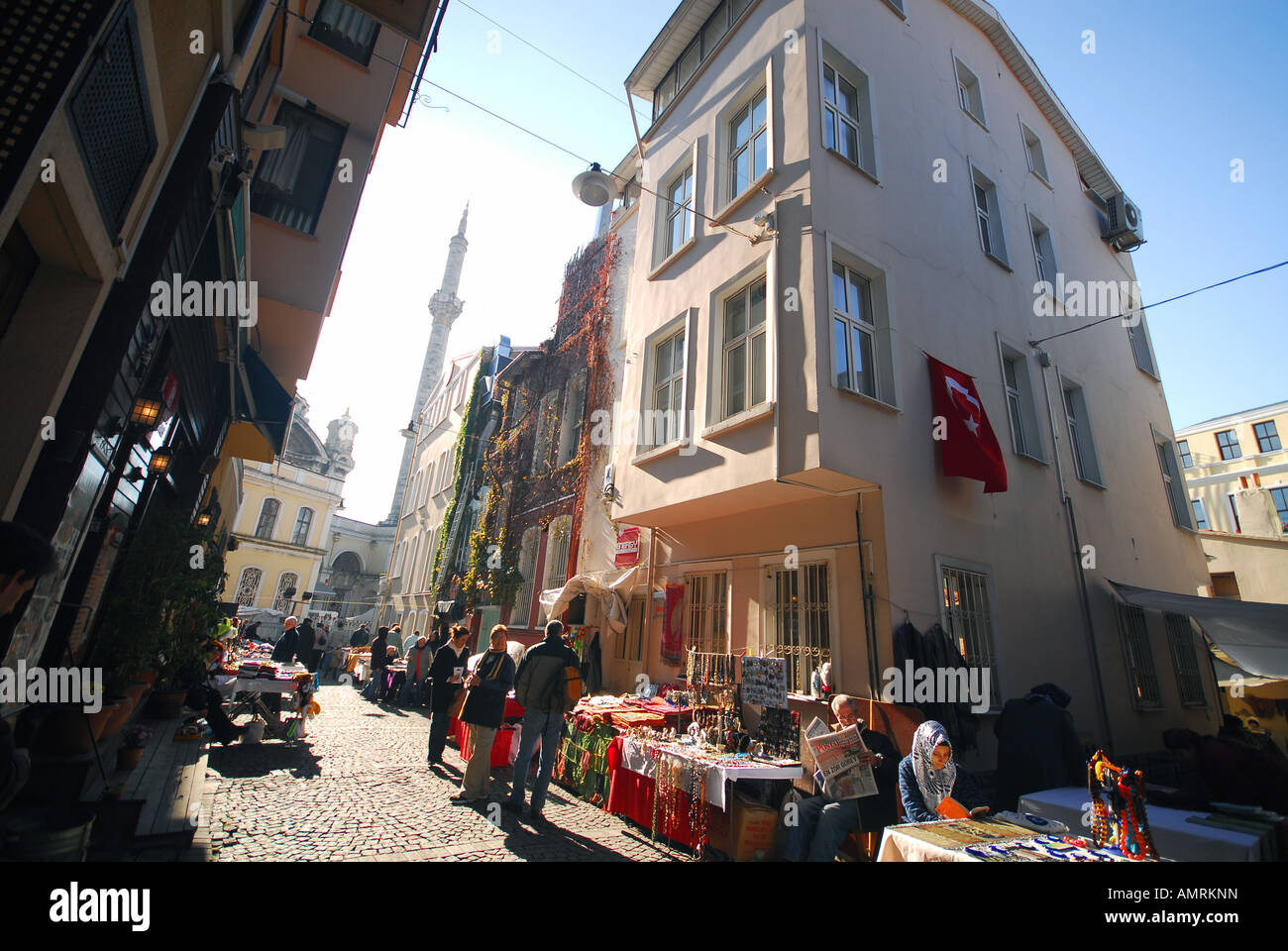 ISTANBUL. Street with market stalls at Ortakoy on the European shore of ...
