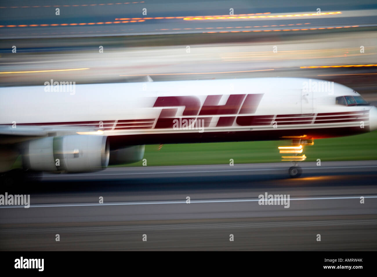 DHL boeing 757 landing at London Heathrow LHR Airport blurry concept ...