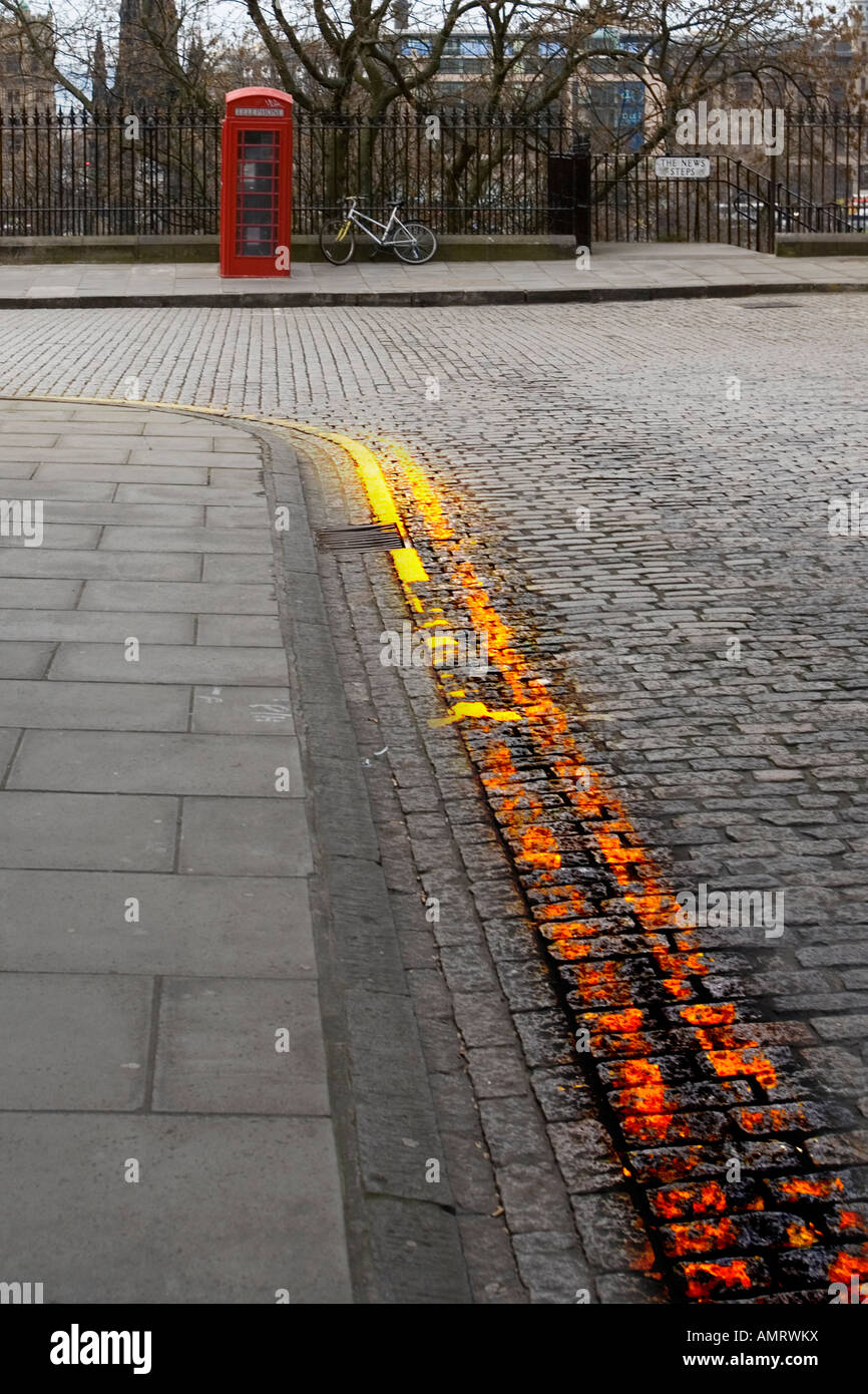 Double Yellow lines leading to phone box Stock Photo - Alamy