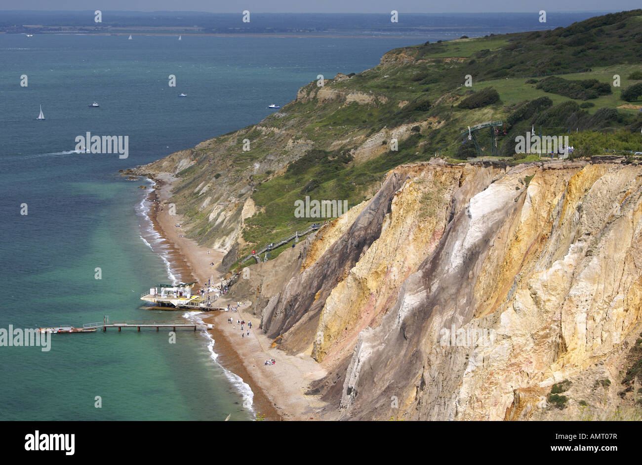 Alum Bay seen from the cliff path en route to the Needles on the Isle ...