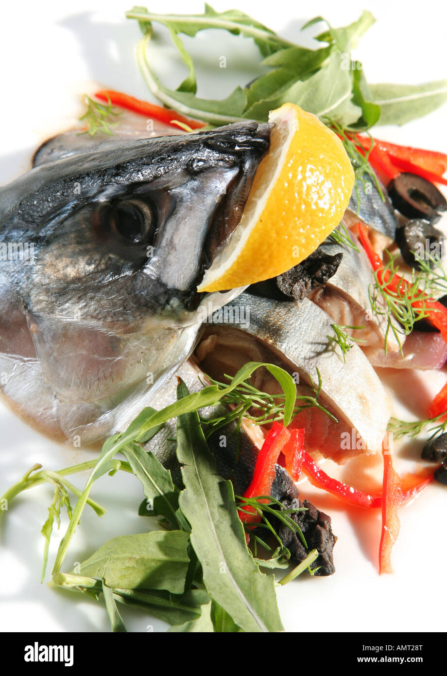 Slice salt mackerel with lemon and vegetable Stock Photo - Alamy