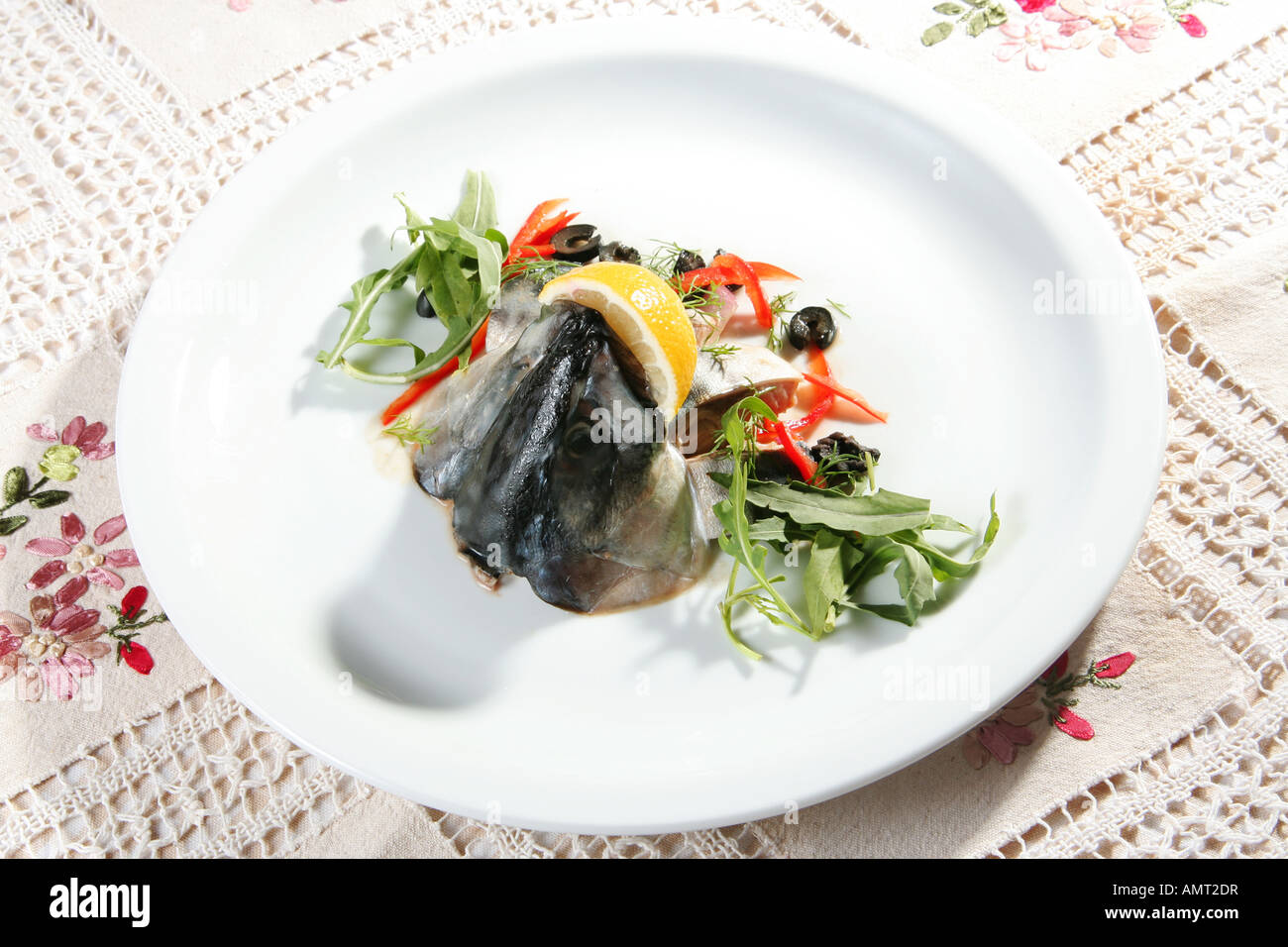 Slice salt mackerel with lemon and vegetable Stock Photo - Alamy