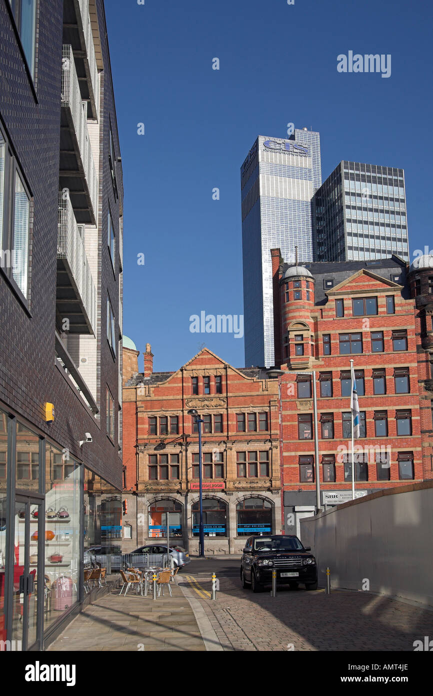 Northern Quarter new apartment blocks and shops to left and refurbished ...