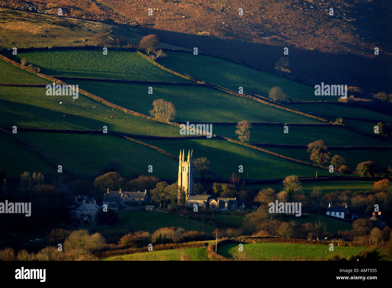 Sunset over Widecombe in the Moor Dartmoor National Park Devon UK Stock ...