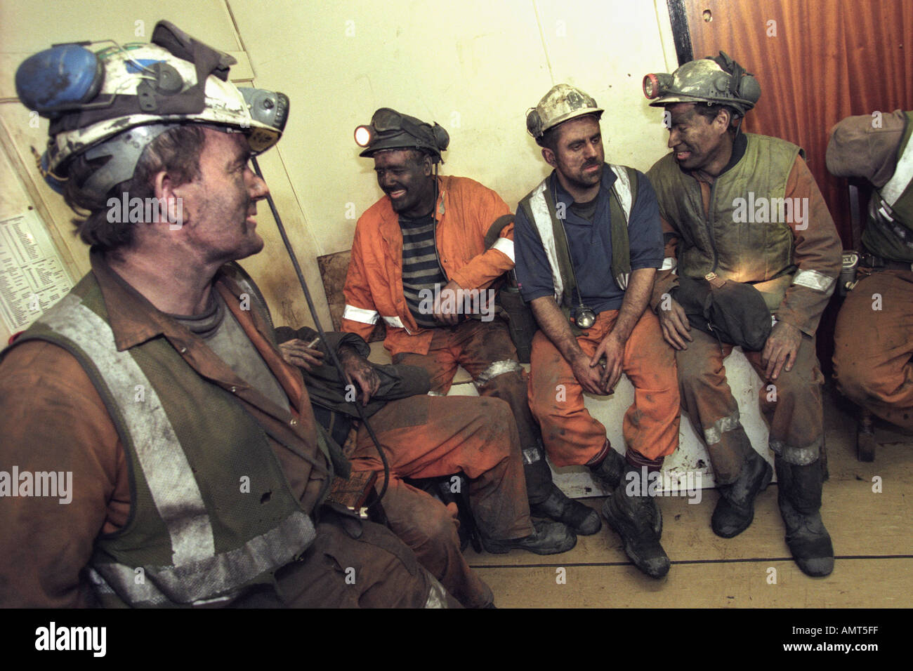 Black faced coal miners after finishing their shift at Tower Colliery ...