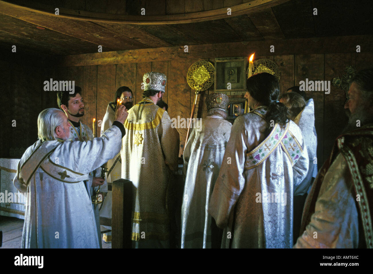 California, Fort Ross, Russian Orthodox service in Chapel Stock Photo ...