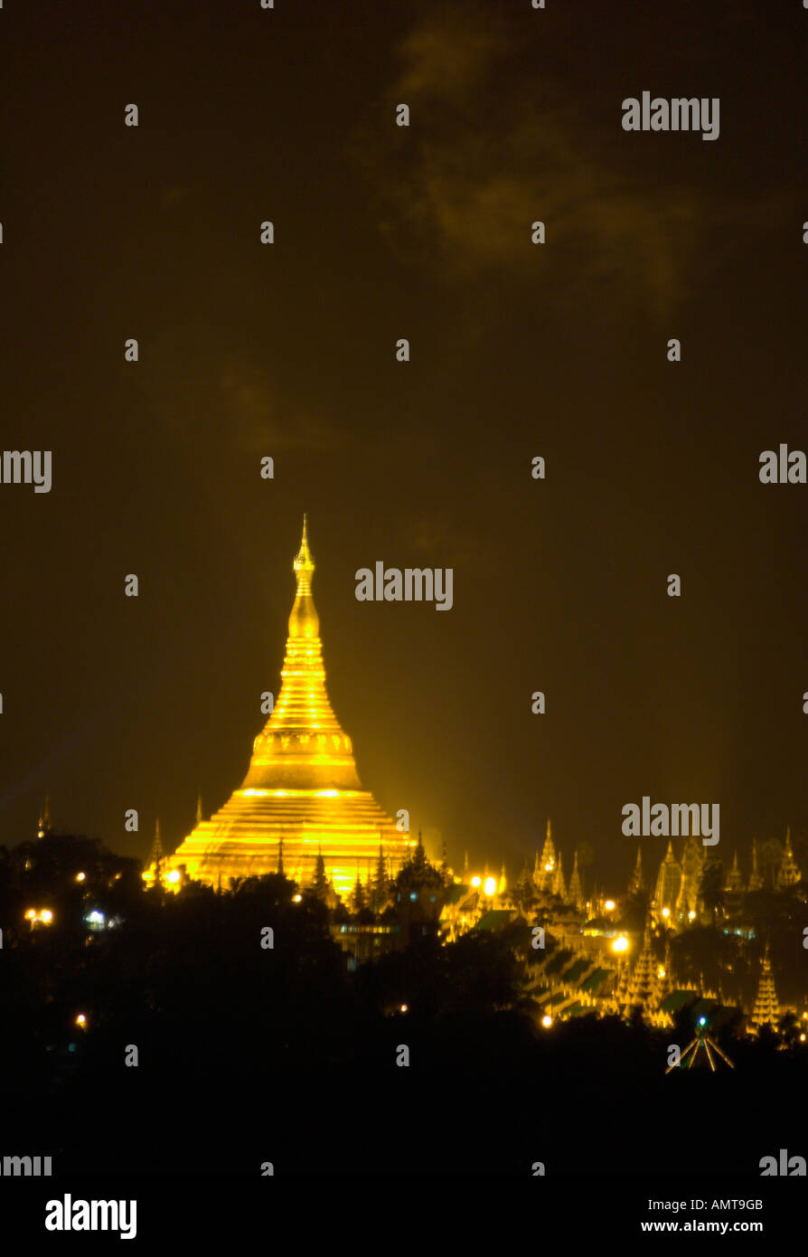 Myanmar Burma Yangon Shwedagon Paya at night view from afar with lit up ...