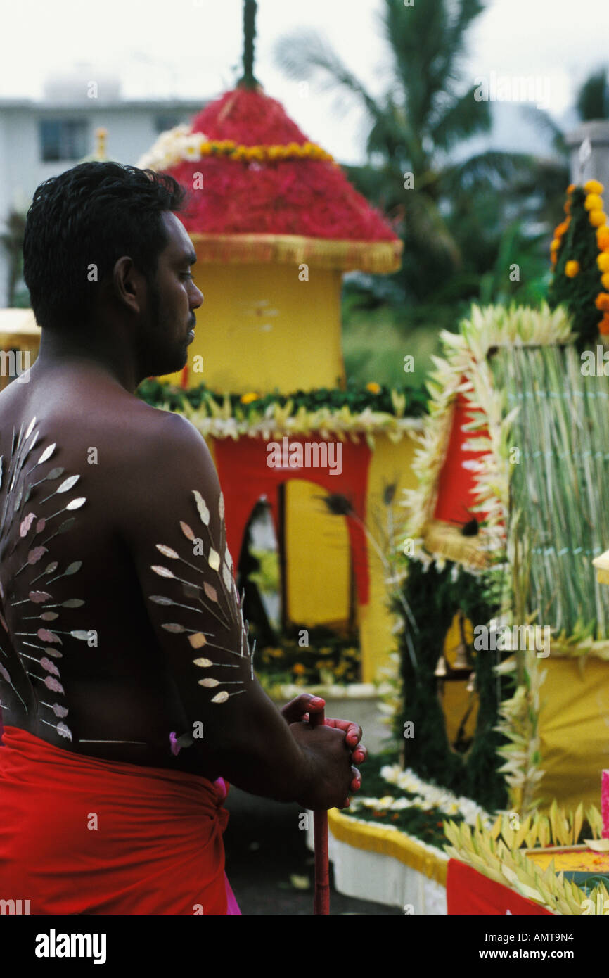 Mauritius, Cavadee Festival, A devotee prays before his walk Stock ...