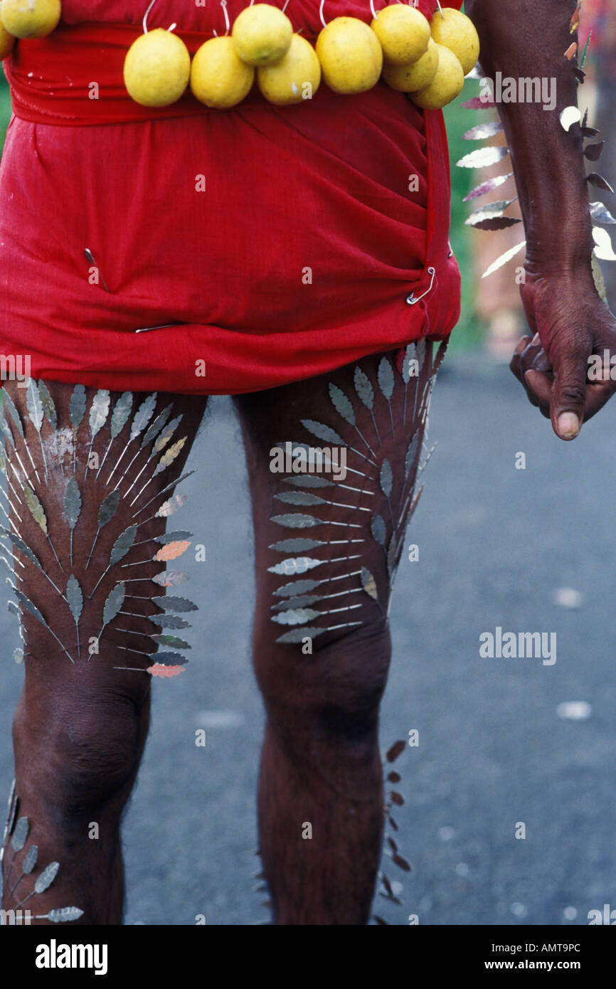 Mauritius, Cavadee Festival, A devotee pierced with needles and lemons ...