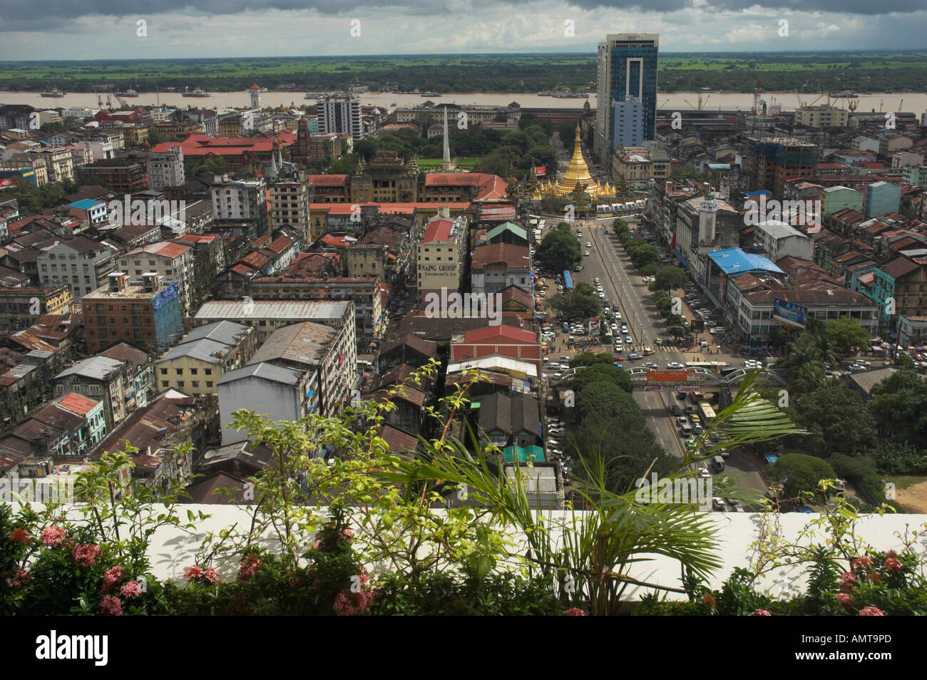 Myanmar Burma Yangon Rangon skyline from the top of Sakura tower with ...