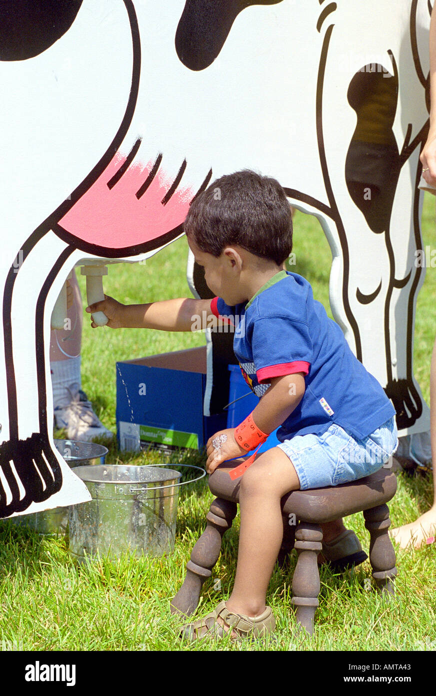 2 year old ethnic male milks a pretend cow at kids day enrichment event ...