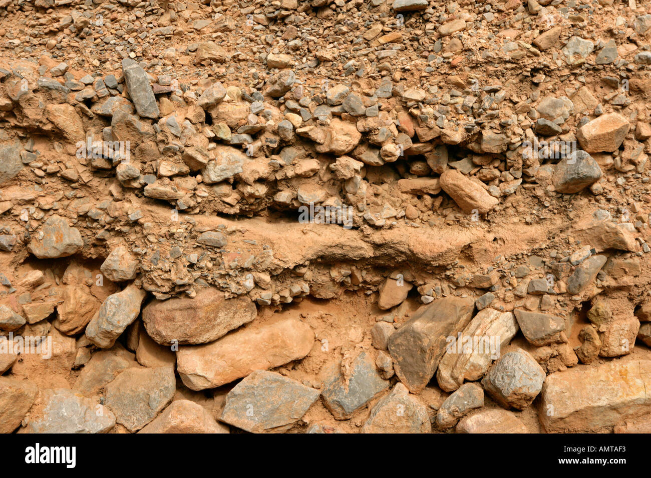 Various sizes of rocks put down over many years have been exposed by a ...