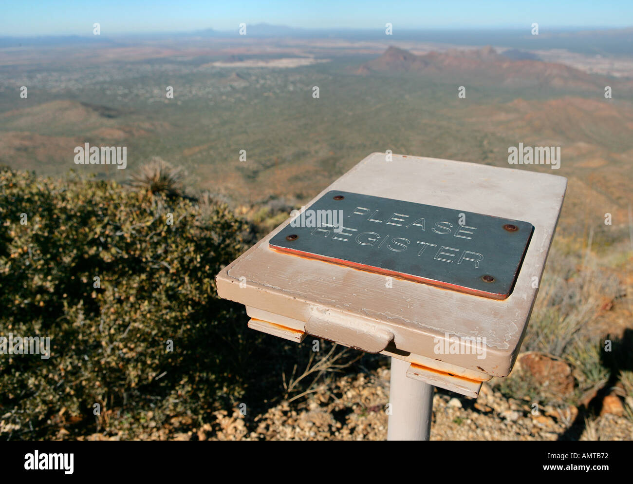 A trail register on top of Wassen Peak in southern Arizona Stock Photo ...