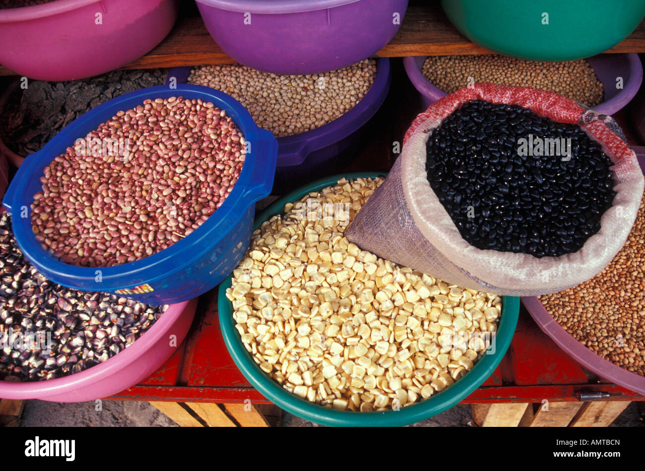 Dried beans and corn for sale in the market in Tepoztlan, Morelos ...