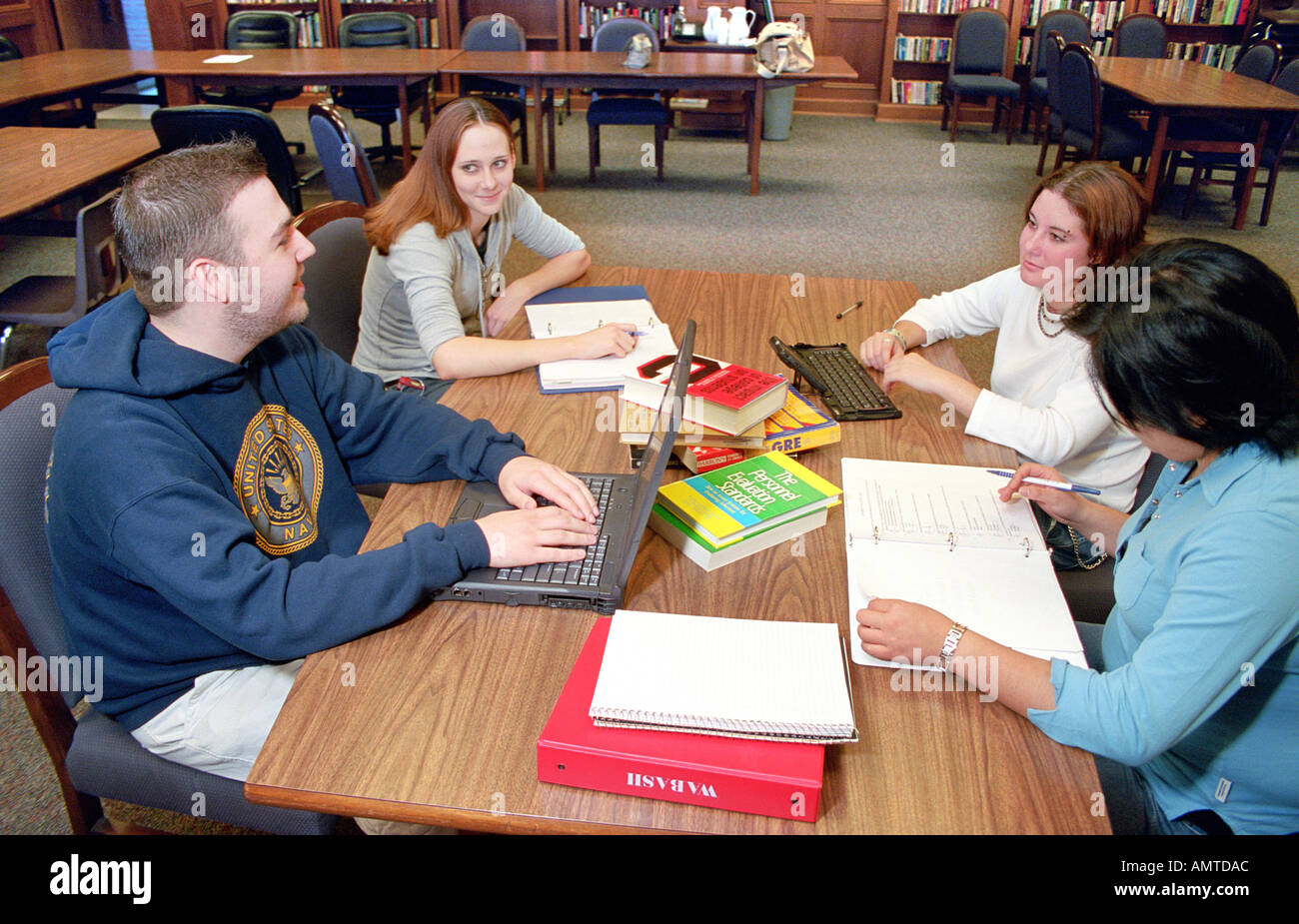 College students work in a group with professor on a research project ...