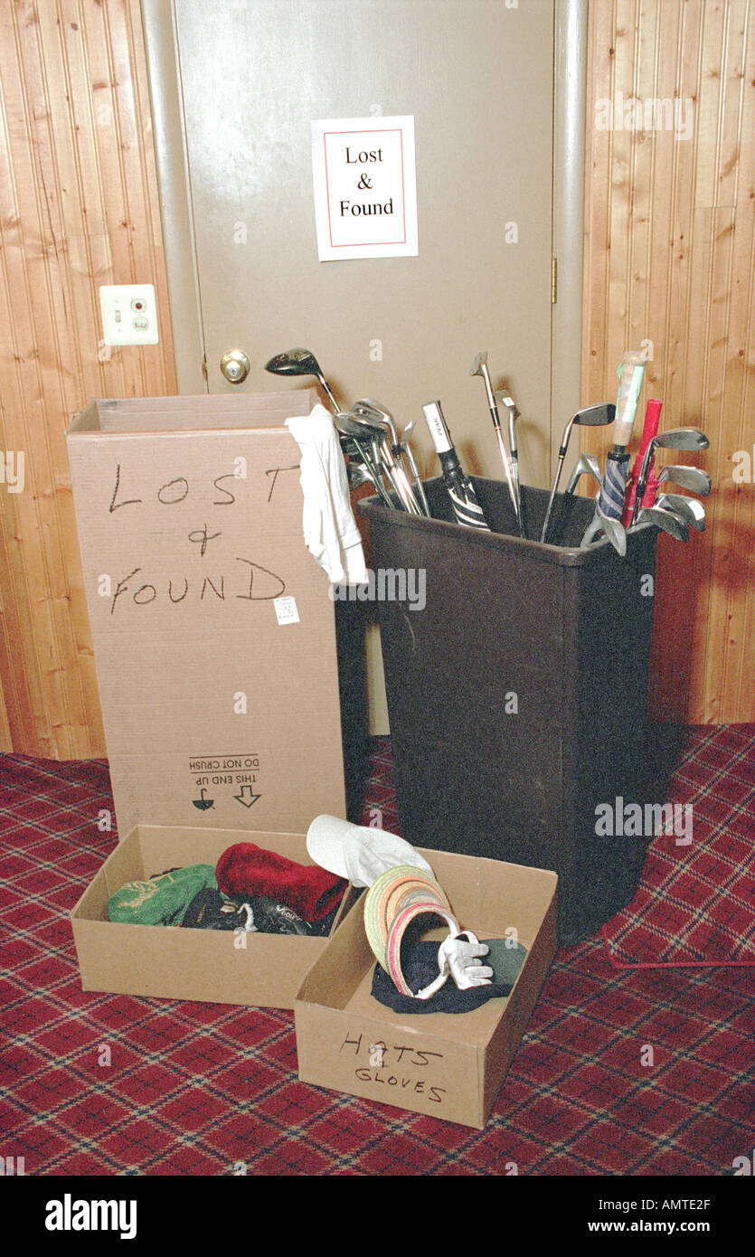 DM Lost and Found area of a golf course pro shop Stock Photo - Alamy