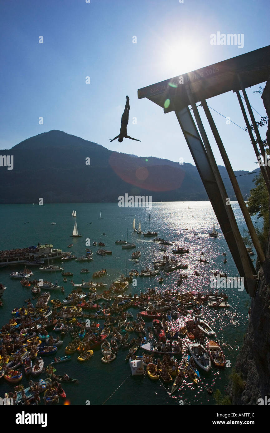 cliff diver at the Red Bull cliff dive at Wolfgang Sea in Austria Stock ...