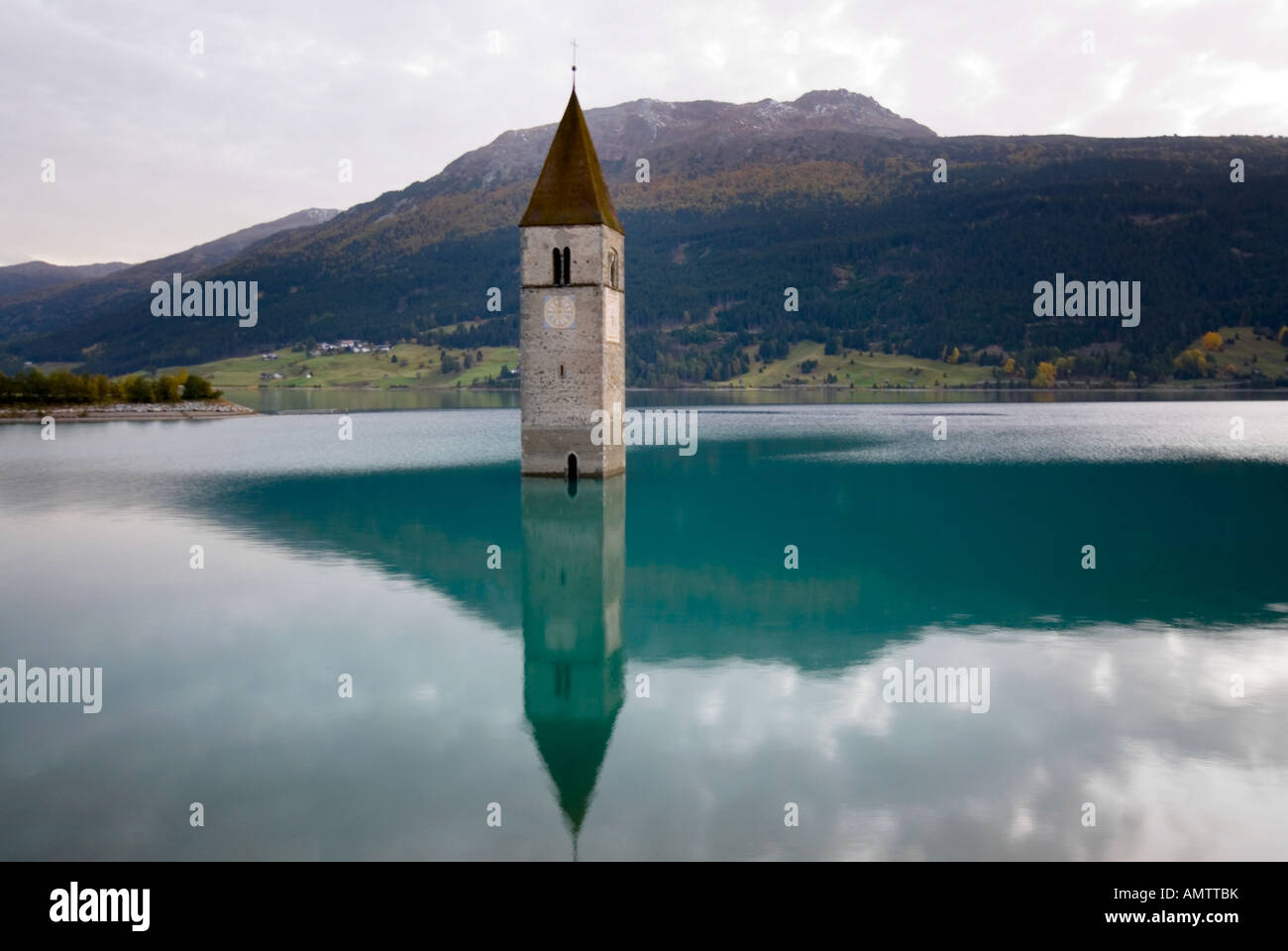 Curon tower bell underwater in the lake - Val Venosta Stock Photo - Alamy