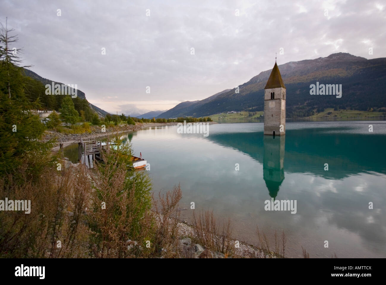 Curon tower bell underwater in the lake - Val Venosta Stock Photo - Alamy