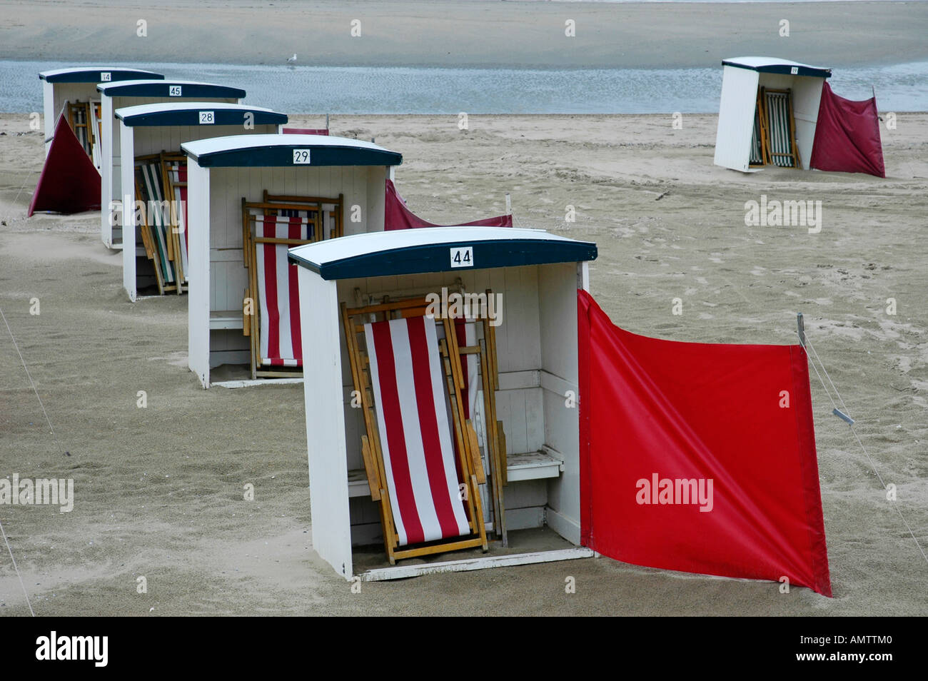 Empty beach chairs with wind protection, Katwijk aan Zee, South Holland ...