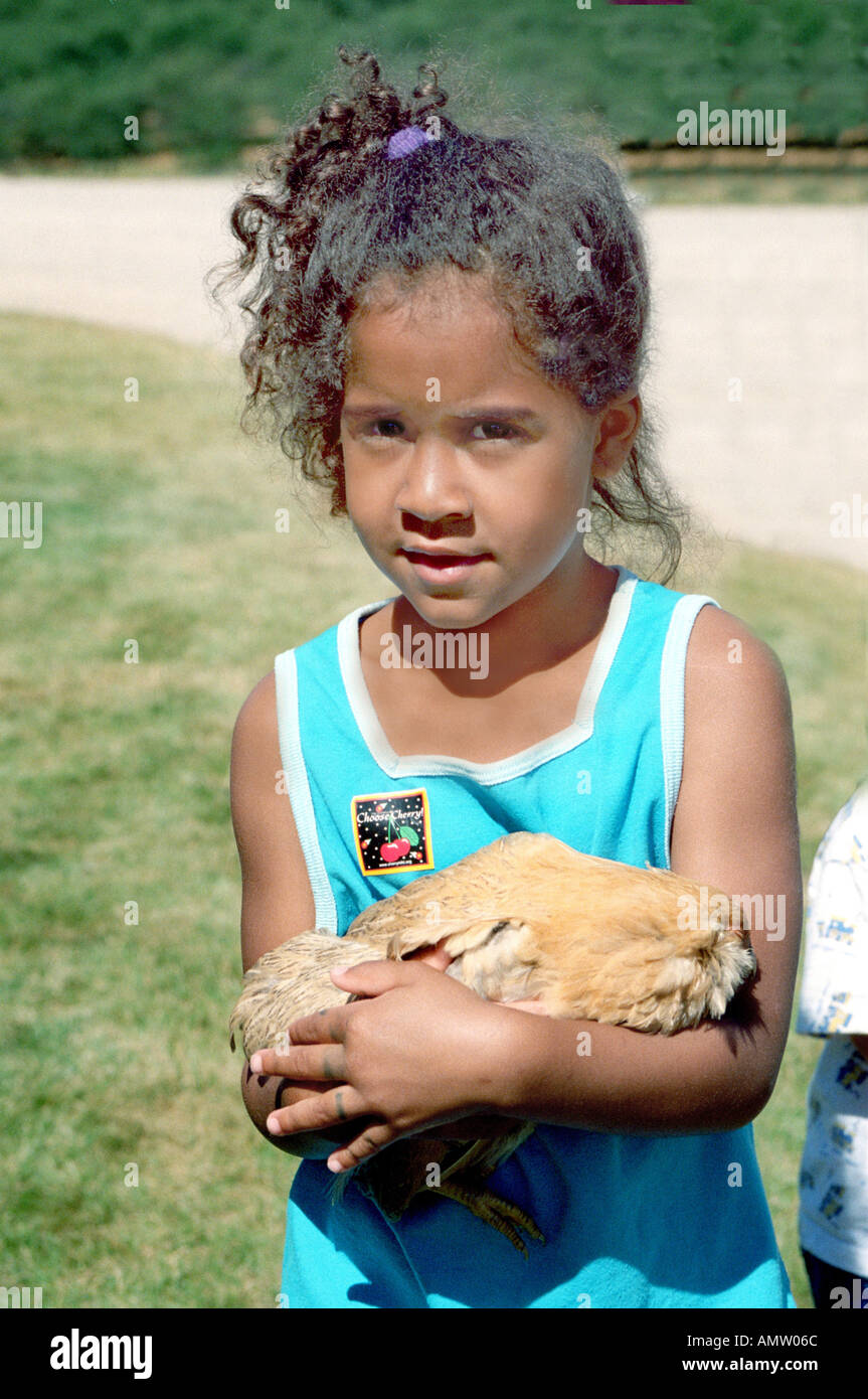 Female child with pet chicken Stock Photo - Alamy