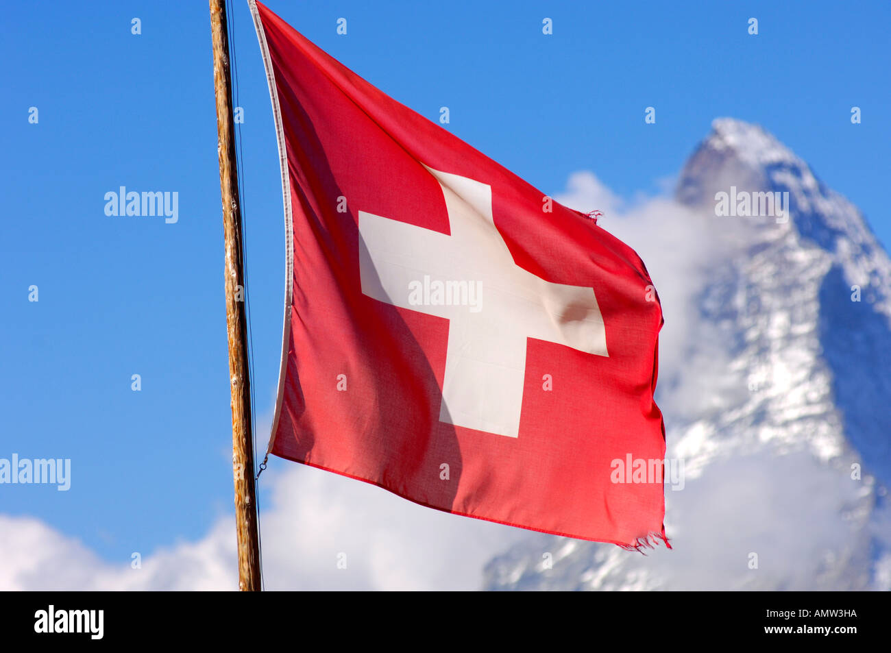 Flag of Switzerland against the Matterhorn, Mont Cervin, Zermatt ...