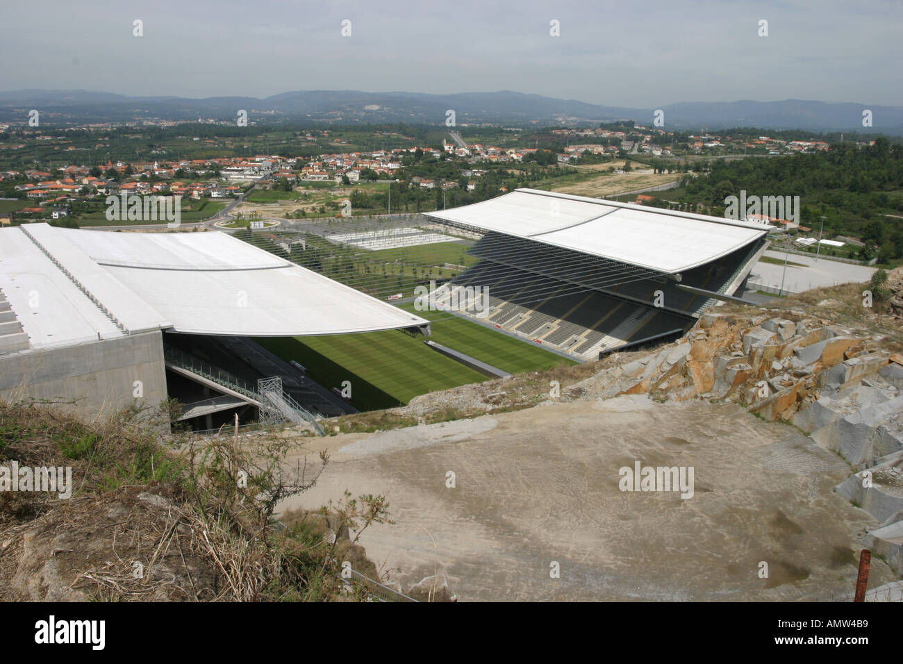 Municipal football stadium viewed from hills behind Braga Portugal ...