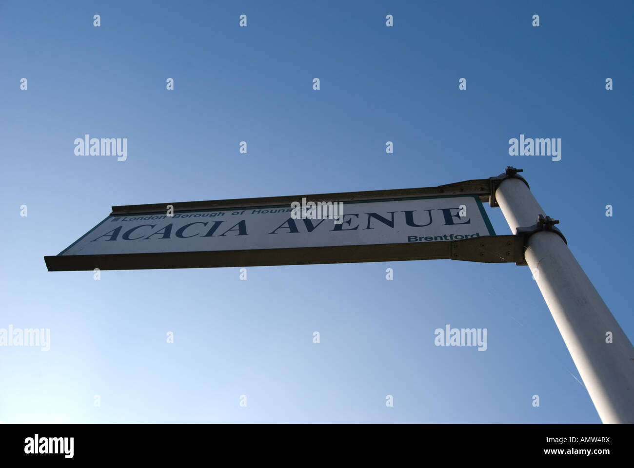 Street sign for acacia avenue, a street name regarded in britain as ...
