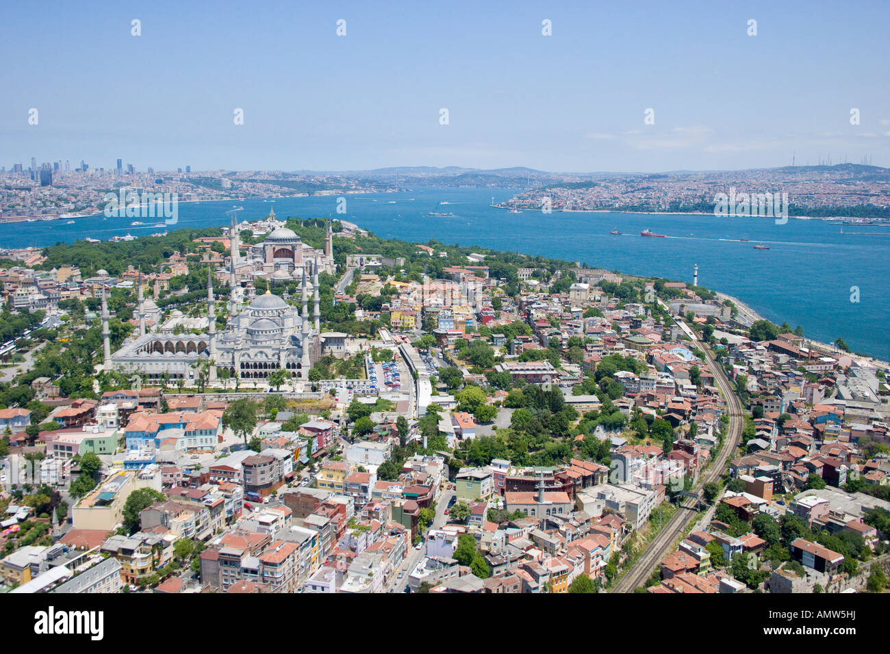 Blue Mosque and Hagia Sophia church mosque museum aerial Istanbul 2010 ...