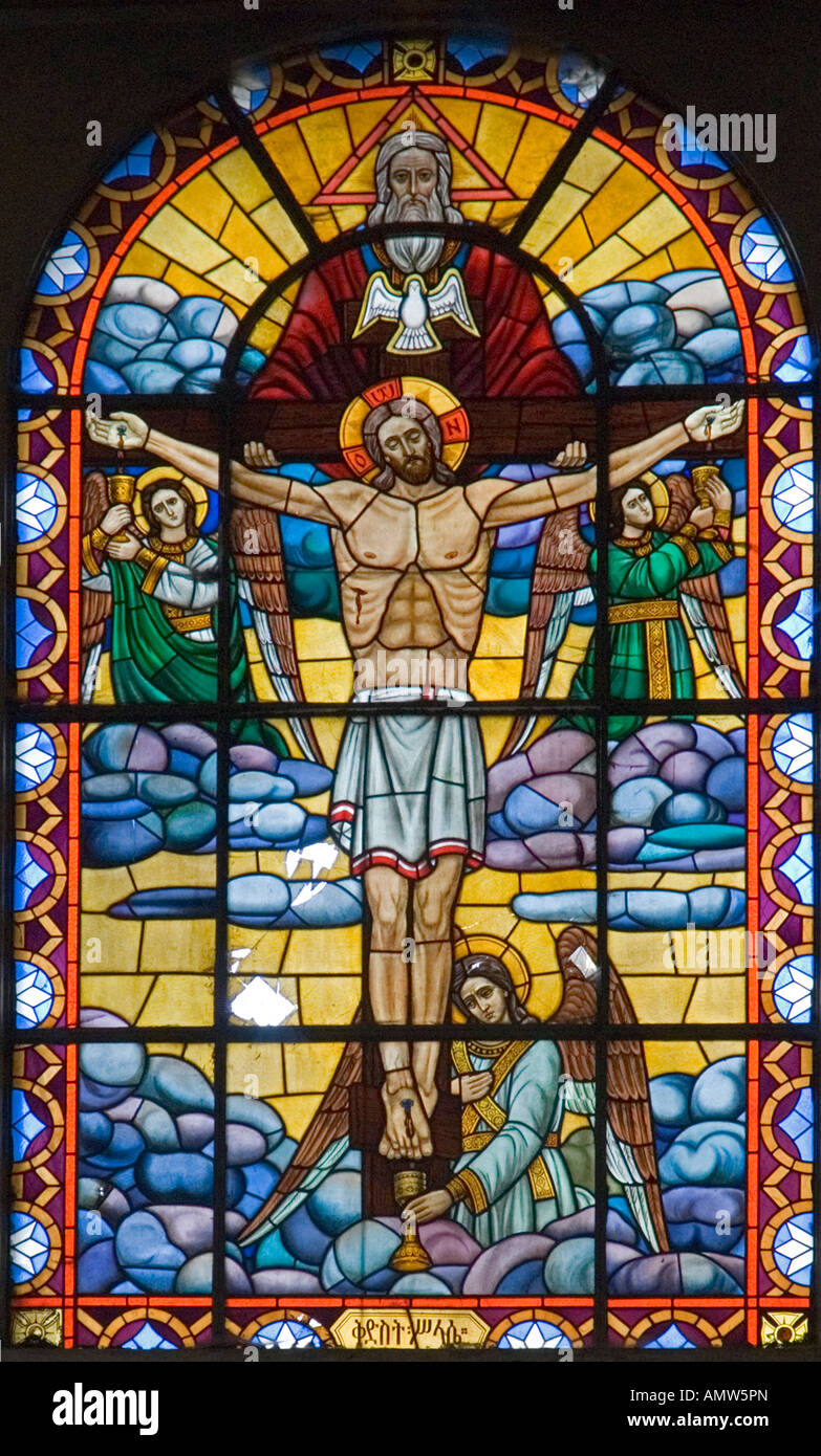 Stained-glass window of the crucifixion, Holy Trinity Cathedral, Addis ...