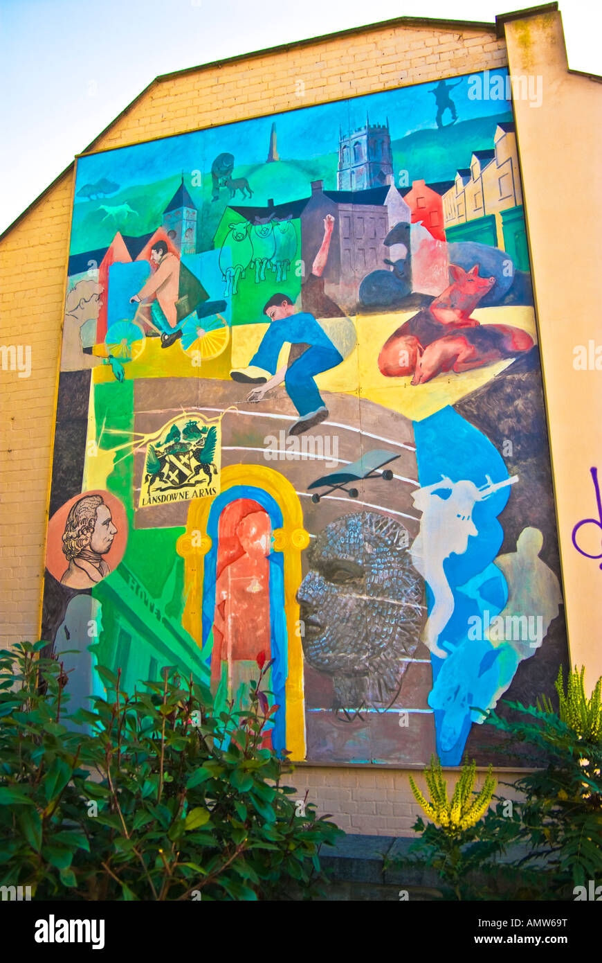 Colourful mural in Calne Wiltshire England UK EU showing aspects of the ...