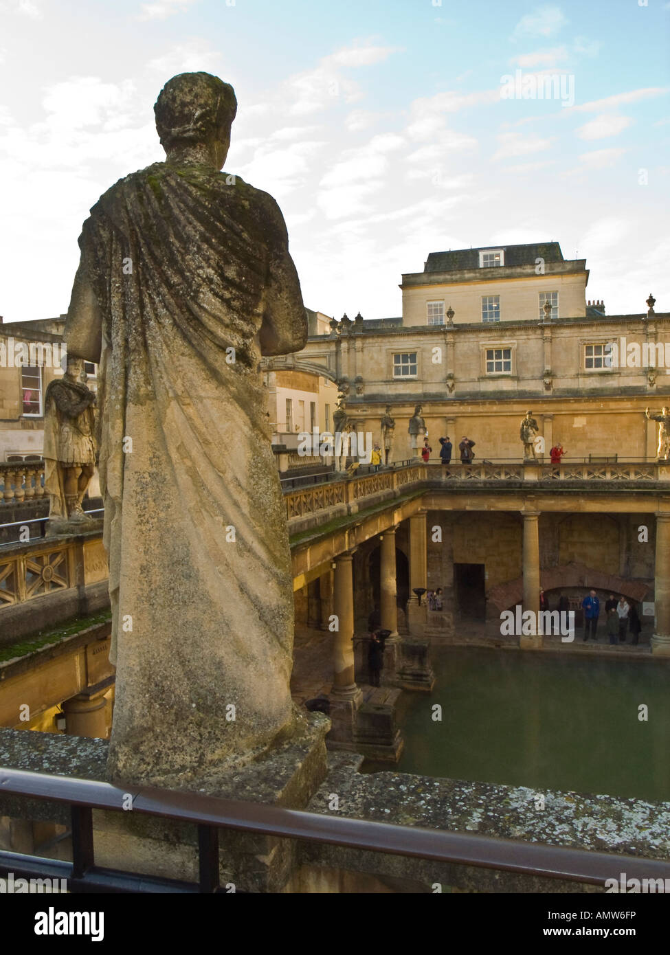 Roman figure overlooking the Baths in city of Bath Somerset England UK ...