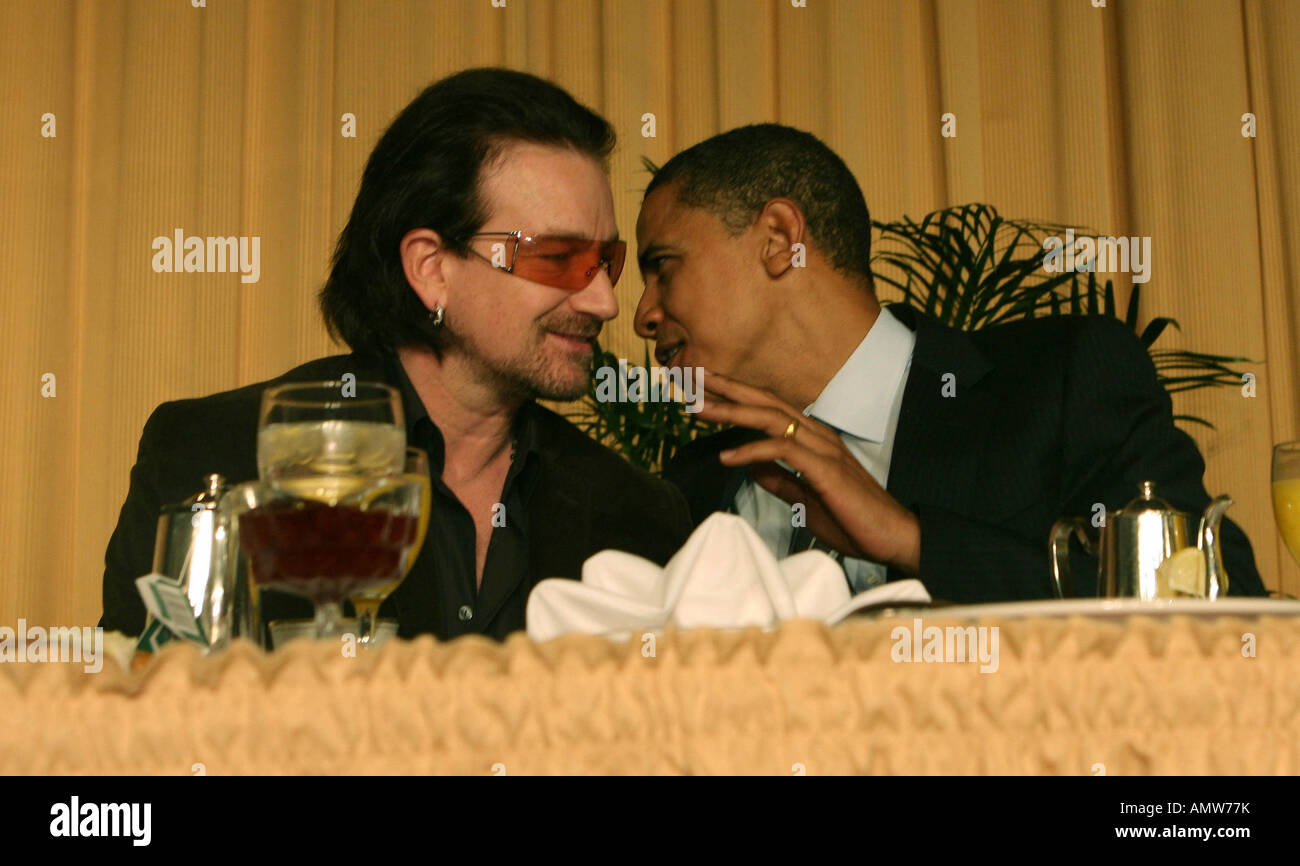 Rock singer, activist Bono and Senator Barack Obama,IL, talk at the ...