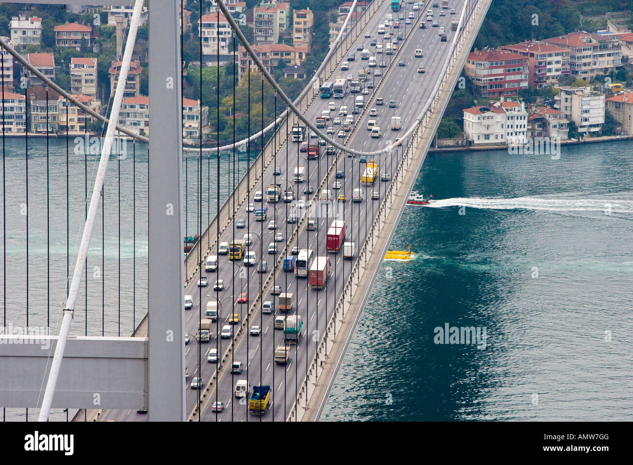 Fatih Sultan Mehmet Bridge over the Bosphorus aerial Istanbul 2010 ...