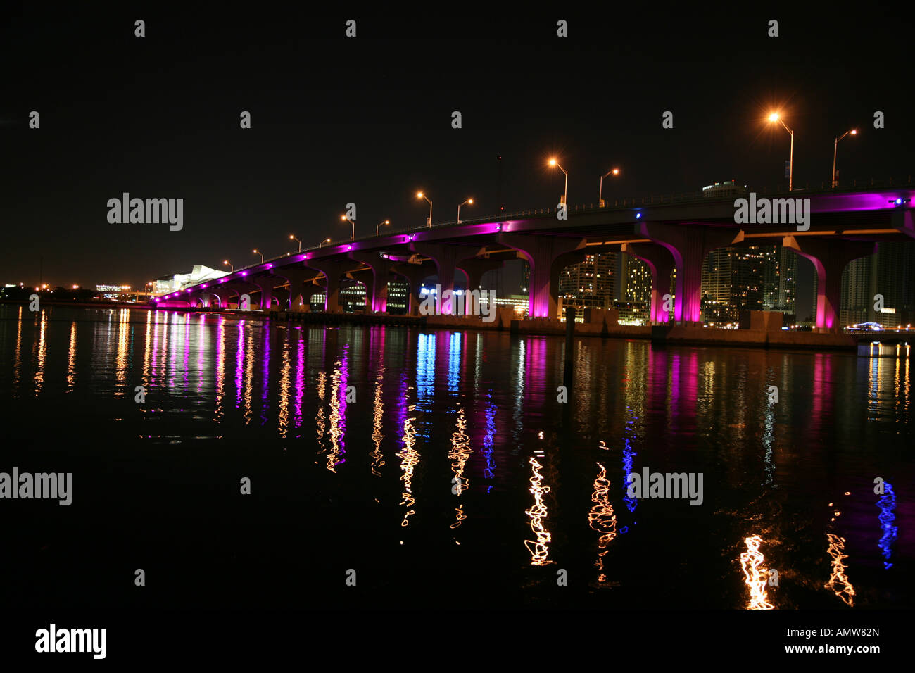 Miami Bridge at night with reflections Stock Photo - Alamy