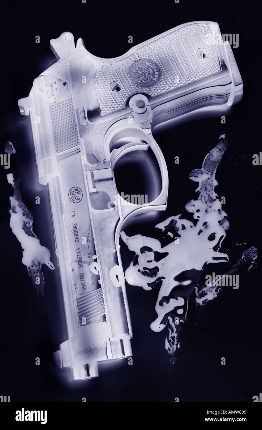 a negative of a beretta pistol gun with blood stains Stock Photo - Alamy