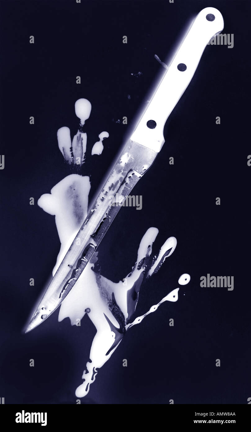 a negative of a kitchen knife with blood stains Stock Photo - Alamy