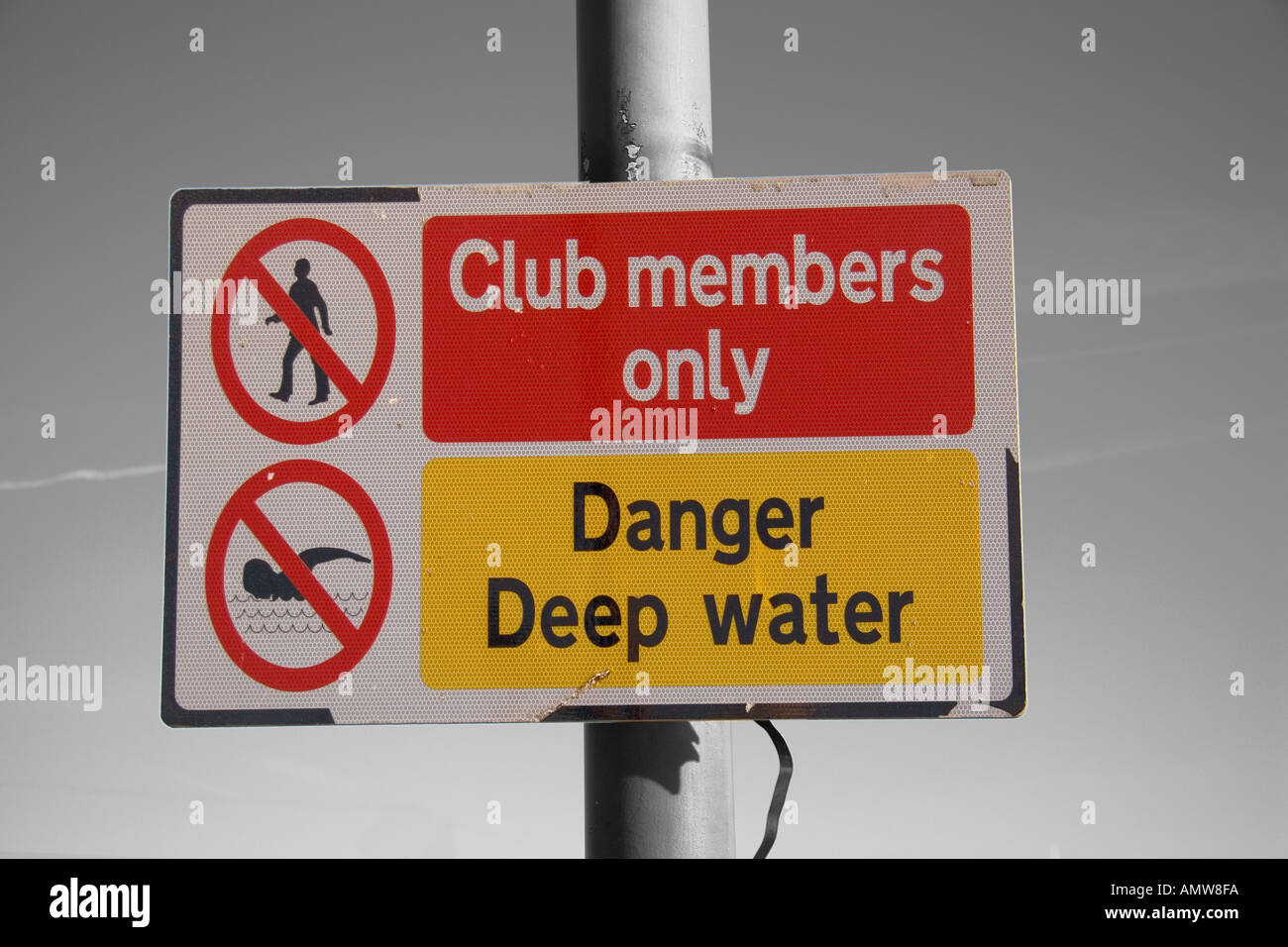 Signpost with yellow and red danger deep water warning and a black and ...